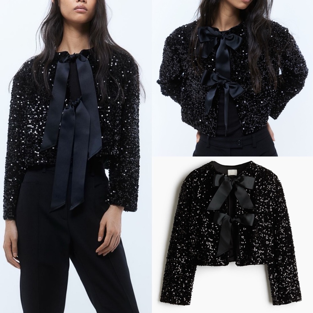 H&M Viral Black Sequin Bow Tie Front Cardigan Jacket - Gem